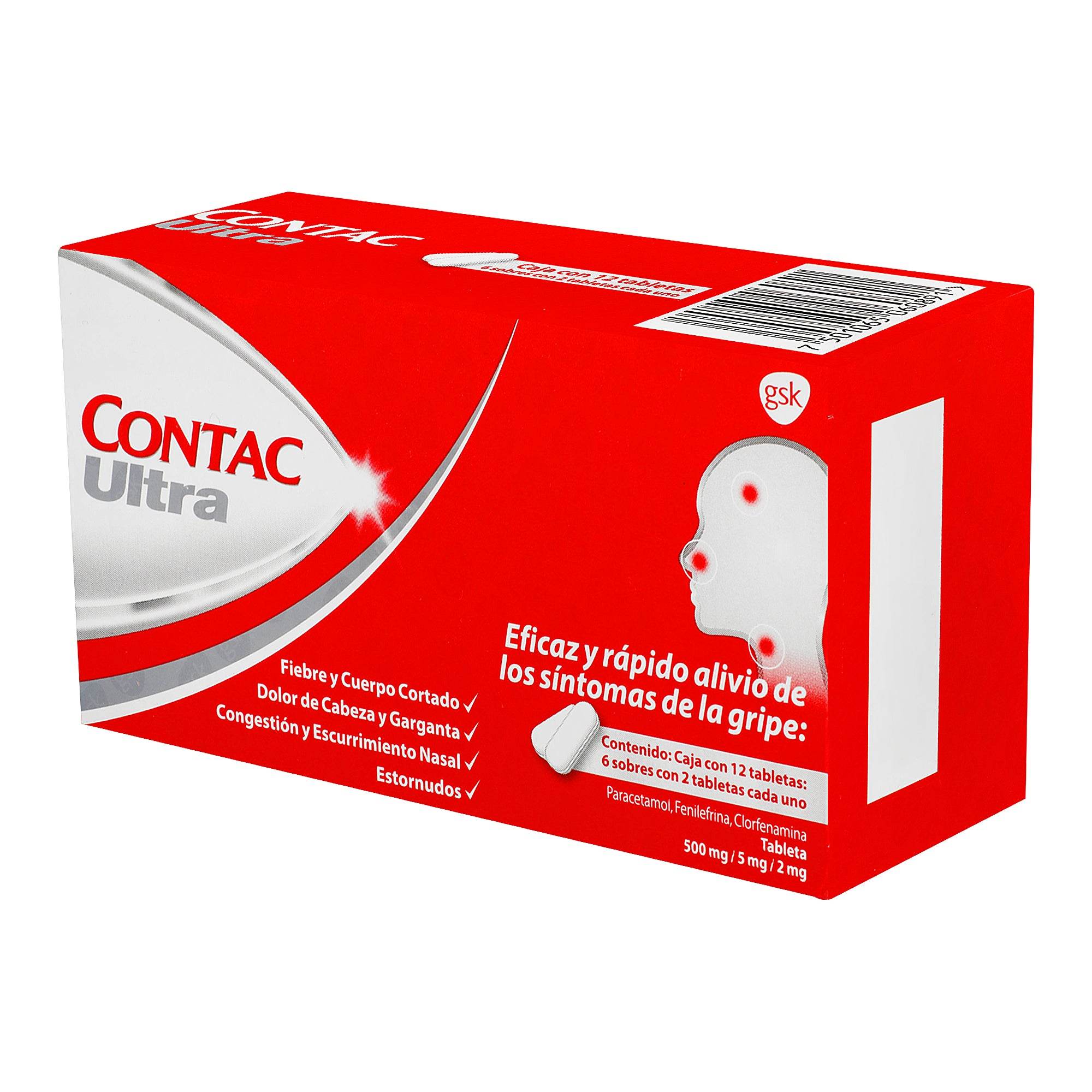 Contac Ultra 500Mg/5Mg/2Mg Con 12 Tabletas (Paracetamol/Fenilefrina/Cl