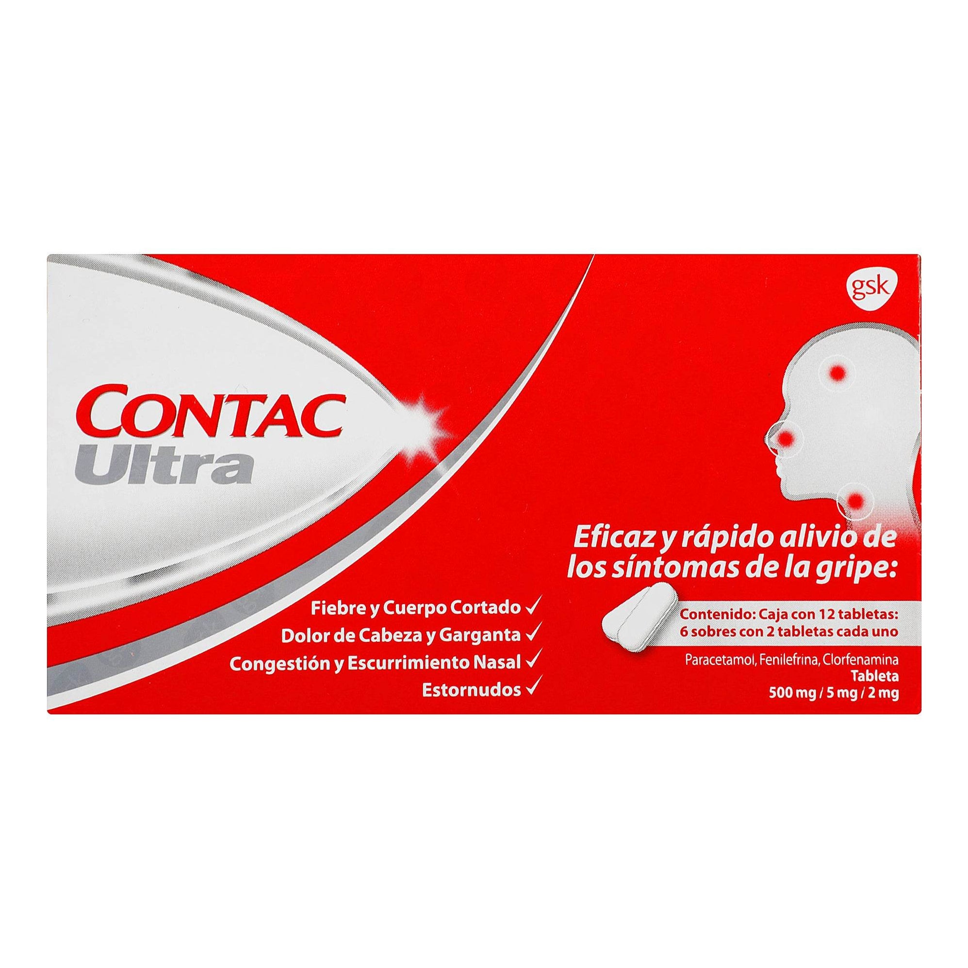 Contac Ultra 500Mg/5Mg/2Mg Con 12 Tabletas (Paracetamol/Fenilefrina/Cl ...