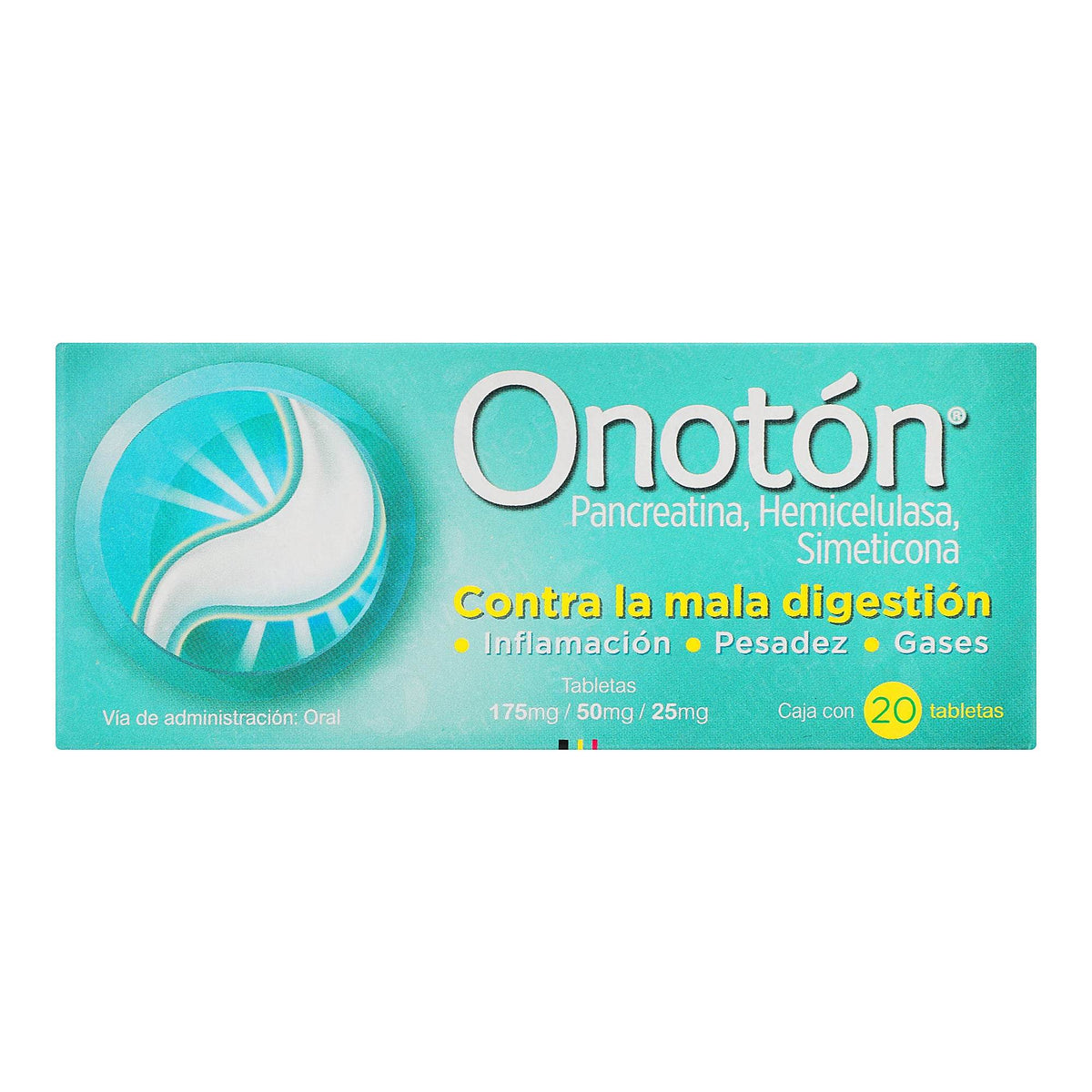 Onoton 175Mg/50Mg/25Mg Con 20 Tabletas (Pancreatina/Hemicelulasa/Simet ...