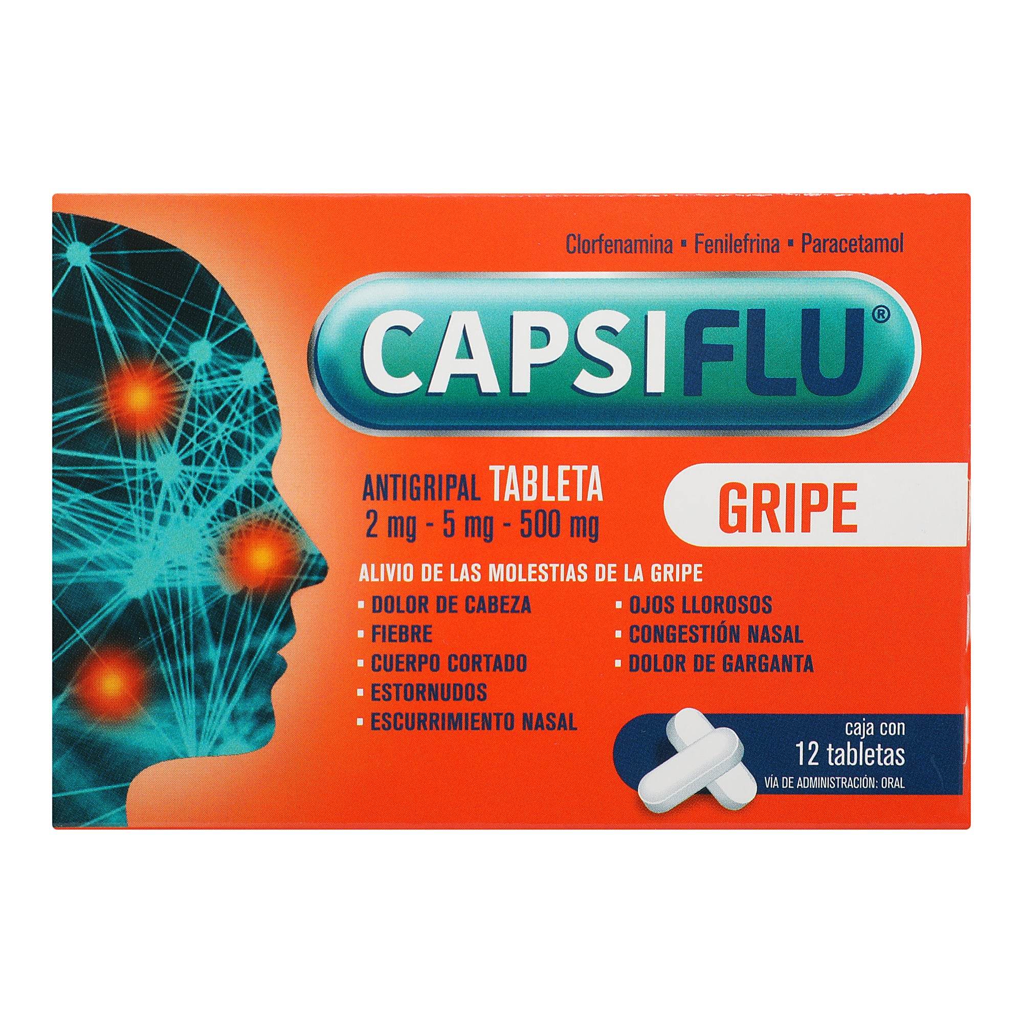 Capsiflu 2Mg/5Mg/500Mg Con 12 Tabletas (Paracetamol/Fenilefrina/Clorfe