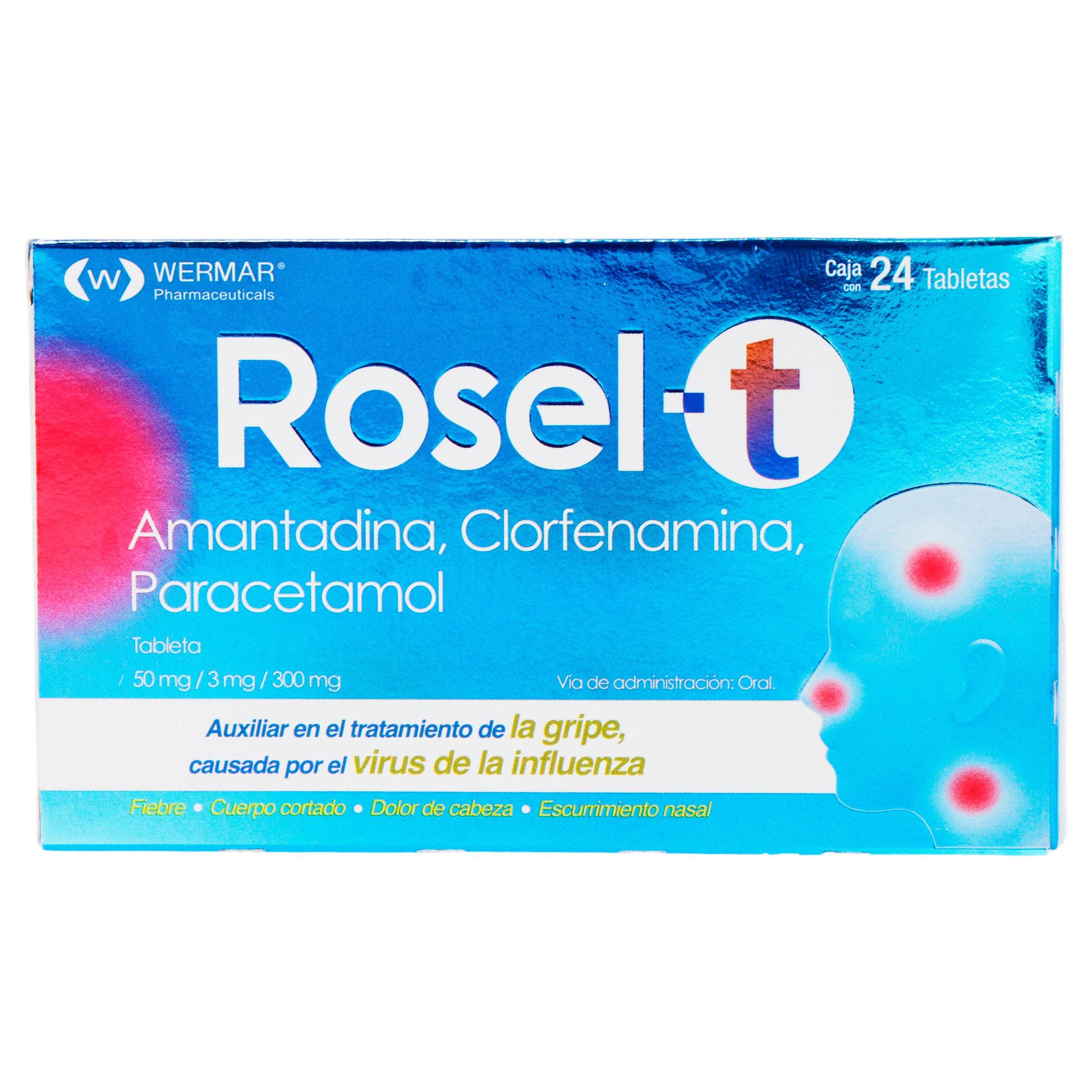 Rosel T 50Mg/3/300Mg Con 24 Tabletas (Amantadina/Clorfenamina/Paraceta ...
