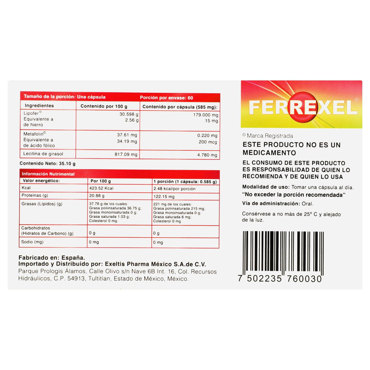 Ferrexel Con 60 Capsulas (Hierro Liposomado/Acido Folico) — WeCare Pharma