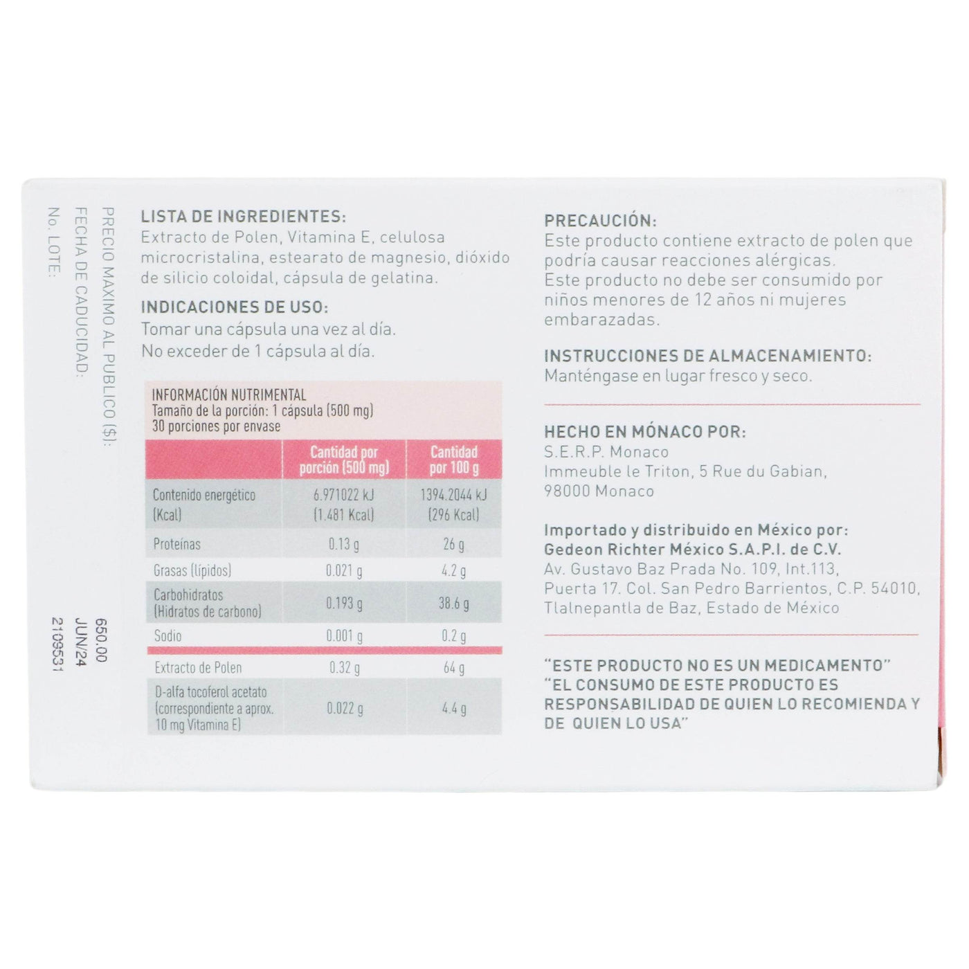 Sansage 500Mg Con 30 Capsulas (Extracto De Polen/Vitamian E) — WeCare ...