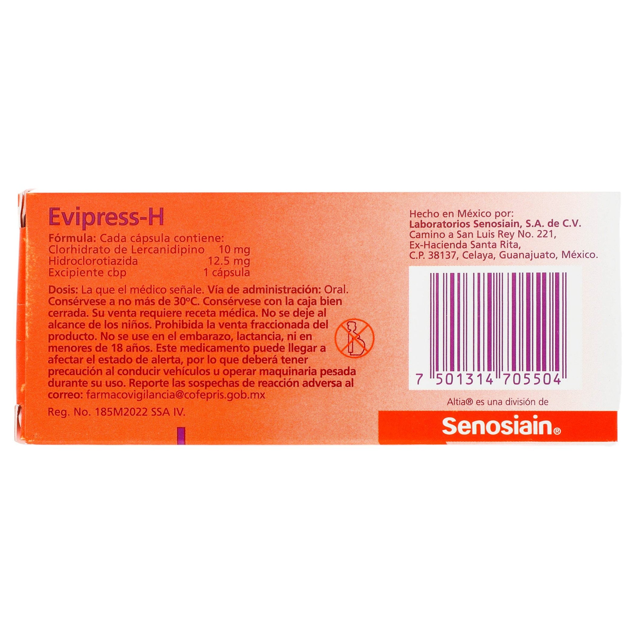 Evipress H (Lercanidipino/Hidroclorotiazida) Capsulas 10Mg/12.5Mg Con ...