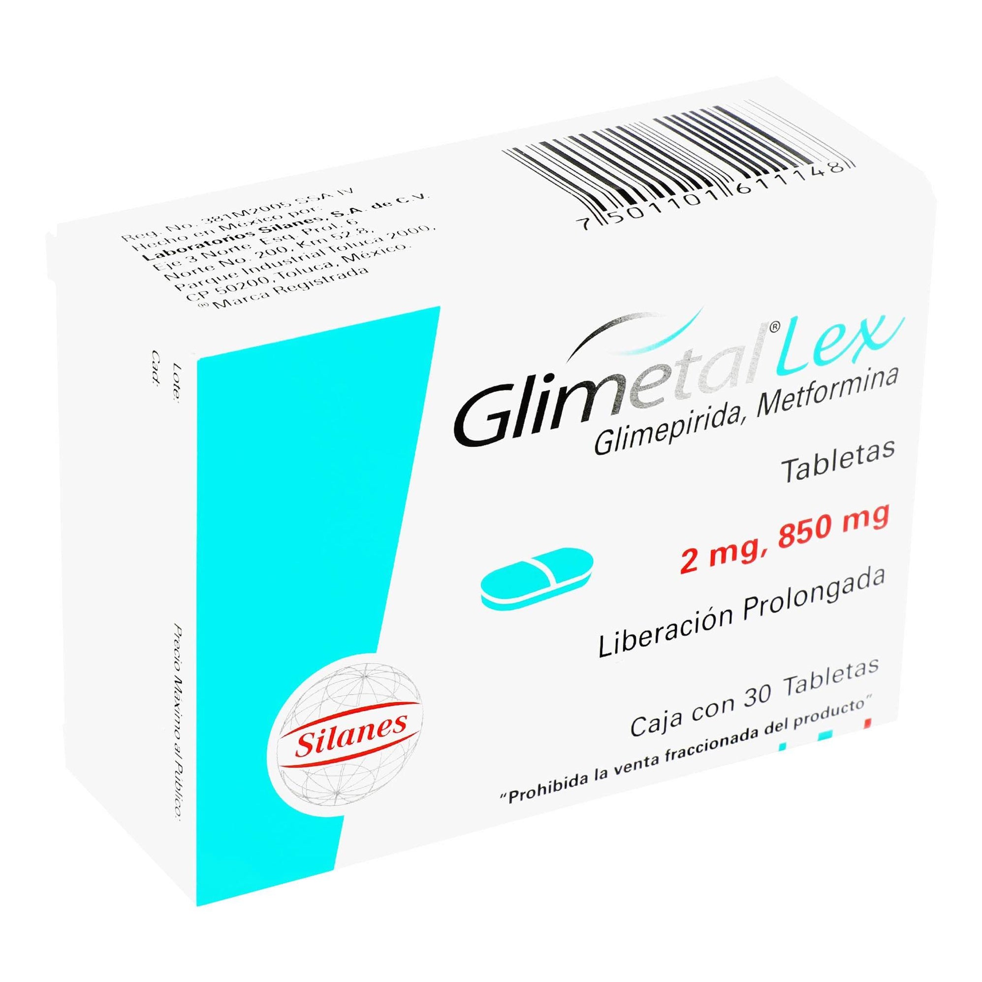 Glimetal Lex 2mg 850mg Con 30 Tabletas Glimepirida Metformina