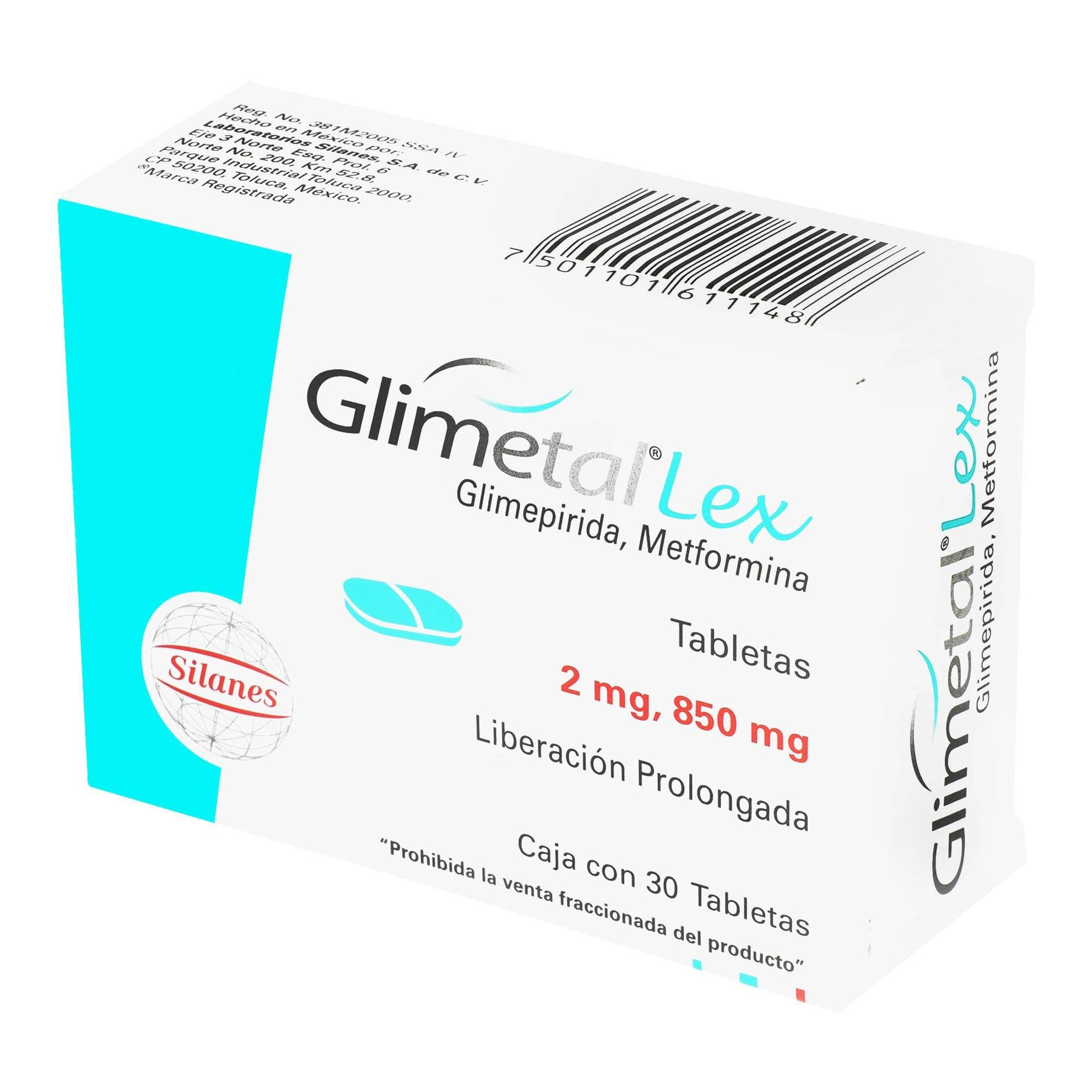 Glimetal Lex 2mg 850mg Con 30 Tabletas Glimepirida Metformina