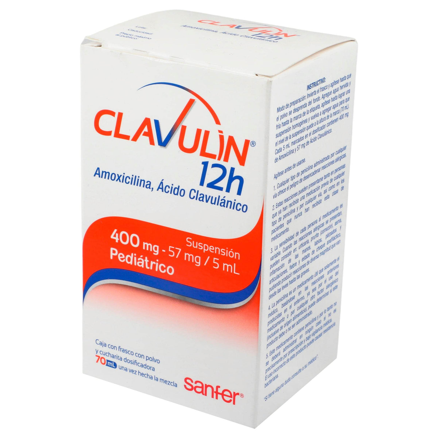 Clavulin 12H Suspensión 400Mg/57Mg/5Ml 70Ml (Amoxicilina/Acido Clavula ...