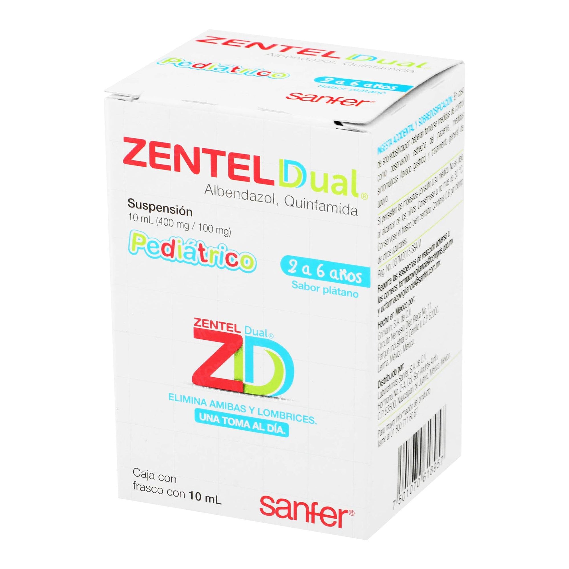 Zentel Dual Pediatrico Suspensión 400Mg/100Mg 10Ml (Albendazol/Quinfam ...