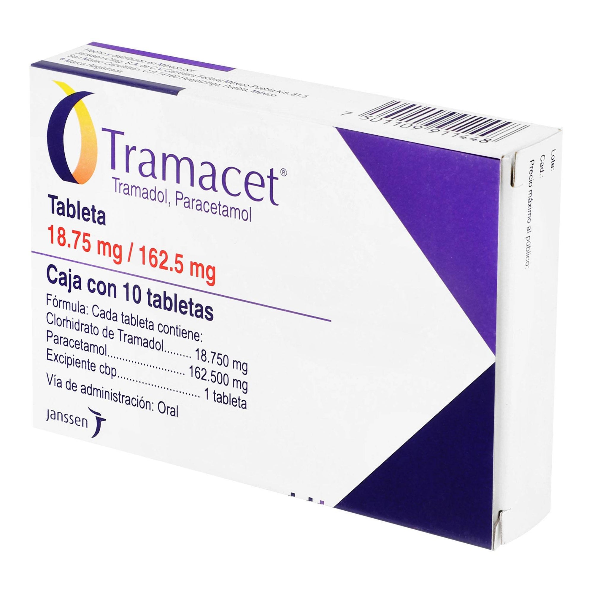 Tramacet 18.75Mg/162.5Mg Con 10 Tabletas (Tramadol/Paracetamol ...